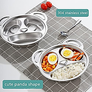 Lyellfe Set of 4 Stainless Steel Divided Plates, 3 Sections Unbreakable Dinner Plates, Cute Panda Shape Divided Plates for Picky Eaters, Lunch, Camping