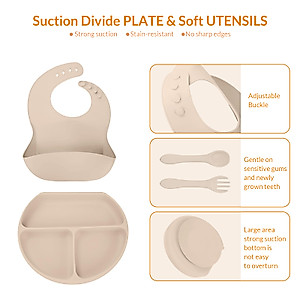 Silicone Baby Feeding Set - REIKTLUD Baby Led Weaning Supplies - Silicone Suction Bowls Divided Plates, Sippy and Snack Cup - Toddler Self Feeding Eating Utensils Set Bib, Spoons, Fork (Grayish-white)