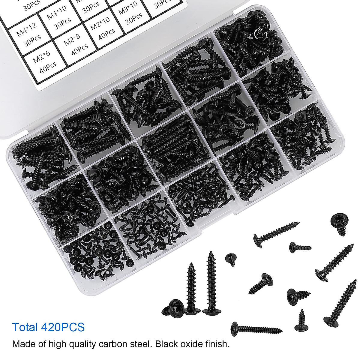 HanTof 420pcs M2 M3 M4 Phillips Truss Head Self-Tapping Wood Screws,Wafer Head Wood Screws,Pan Head with Washer Tapper Screws Assortment Kit for Wood,Plastic and Soft Metal,13 Sizes,Black Carbon Steel