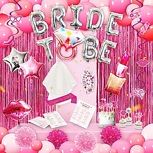 Party Spot! 119 PCS Bachelorette Party Decorations, Latex Balloons, "BRIDE TO BE" Balloons, Tablecloth, Veil, Cake Topppers, Pink Bridal Shower Party Decorations, Balloon Pump