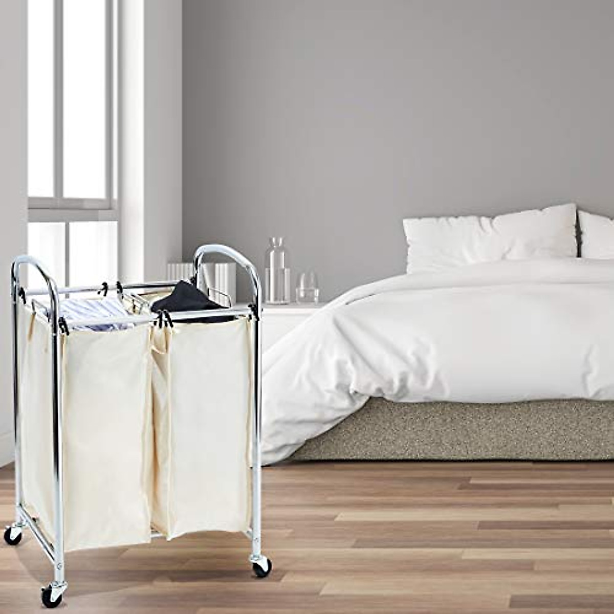 Seville Classics Laundry Hamper Sorter Cart Mobile Premium 2-Bag Compact, Canvas