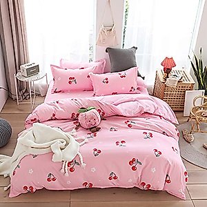 LAMEJOR Duvet Cover Set Queen Size Red Cherry/Floral Pattern Reversible Luxury Soft Bedding Set Comforter Cover (1 Duvet Cover+2 Pillowcases) Pink