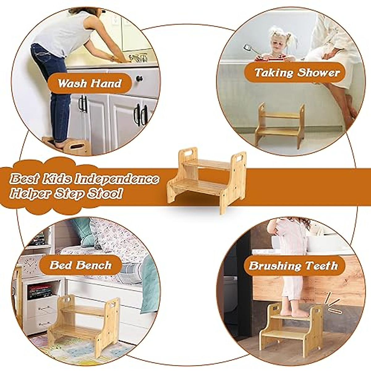 C&AHOME Wooden Toddler Step Stool - Kids Step Stool for Bathroom Sink - Wood Child Step Stool Non-Slip - Sturdy Natural Wood Two Step Stools with Handles for Kids
