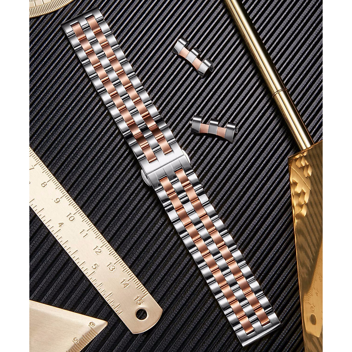 BINLUN Stainless Steel Watch Band Replacement Metal Watch Straps for Men and Women 18mm/19mm/20mm/21mm/22mm/24mm with Curved and Straight End (Silver Rose Gold, 19mm)