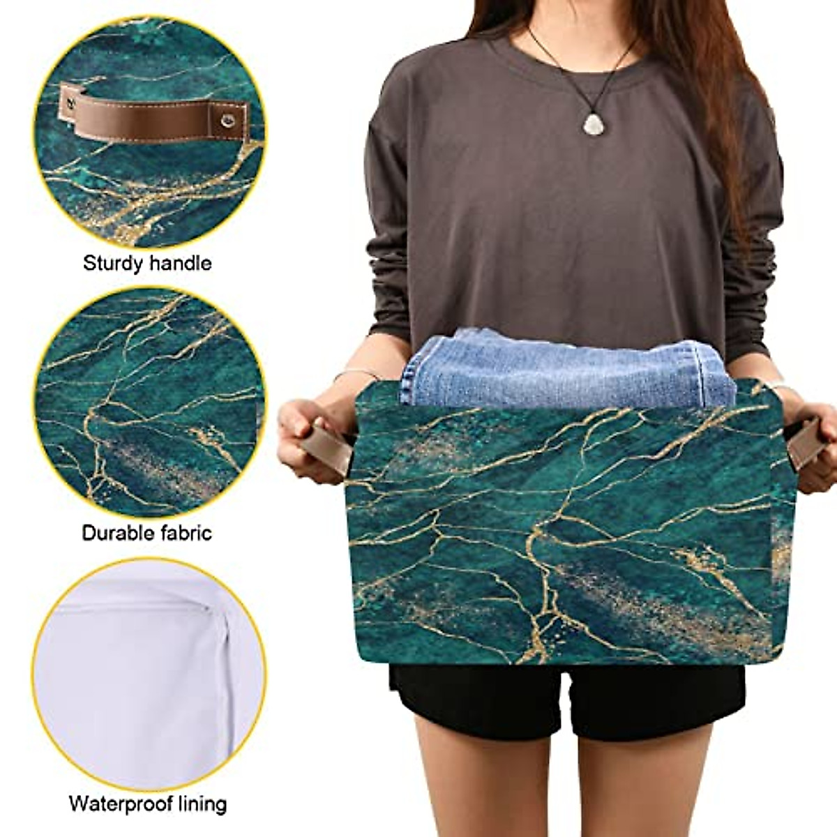 Kigai Collapsible Storage Basket with Handles, Gold Green Marble Canvas Fabric Storage Bins Toys Clothes Organizer for Bedroom, Nursery, Shelves, Closets (2PACK)