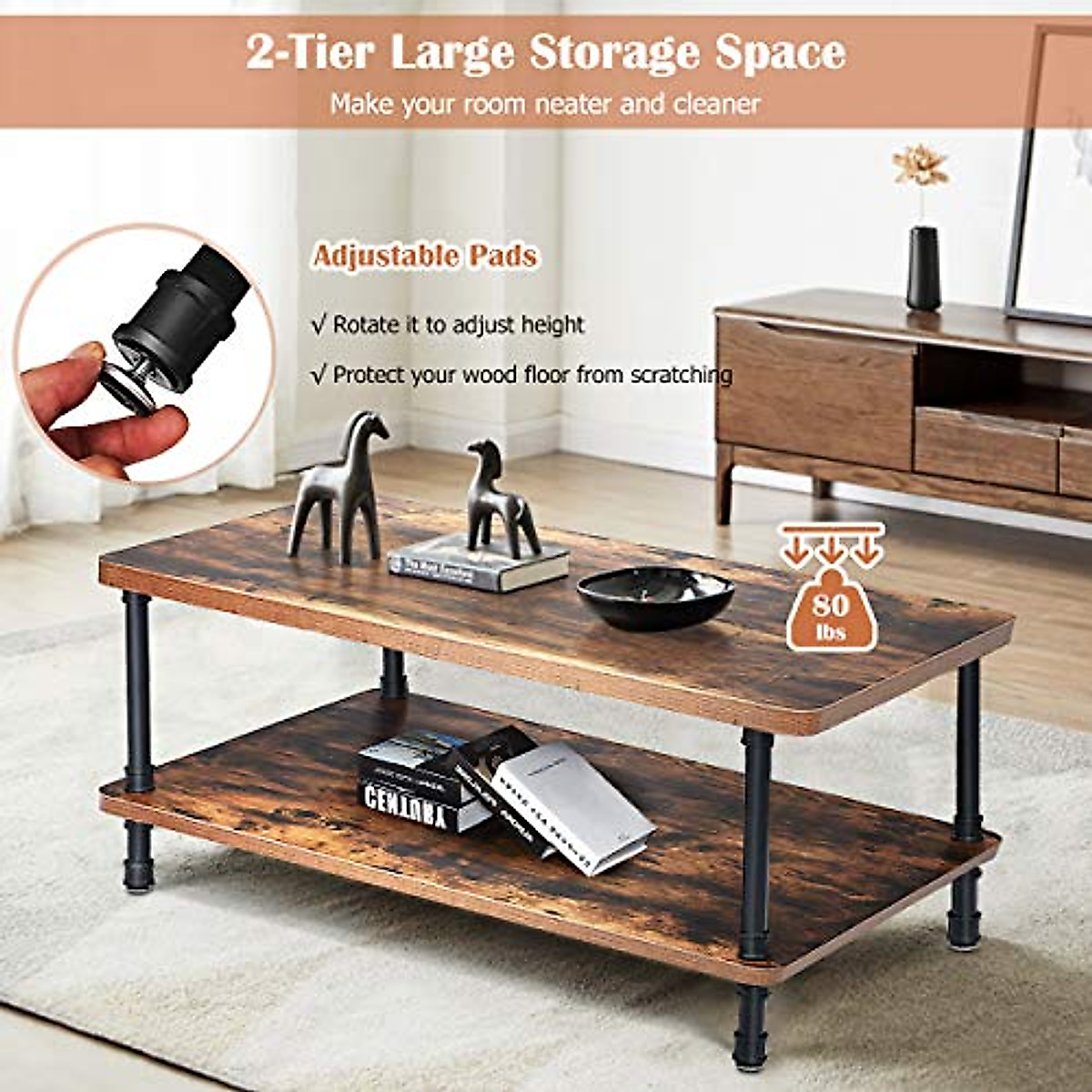 Giantex Retro Coffee Table W/Thick Tabletop, Industrial Steel Pipe Legs & 2-Tier Storage Shelf Accent Table for Living Room, Reception Room, Easy Assembly Center Table, Rustic Brown