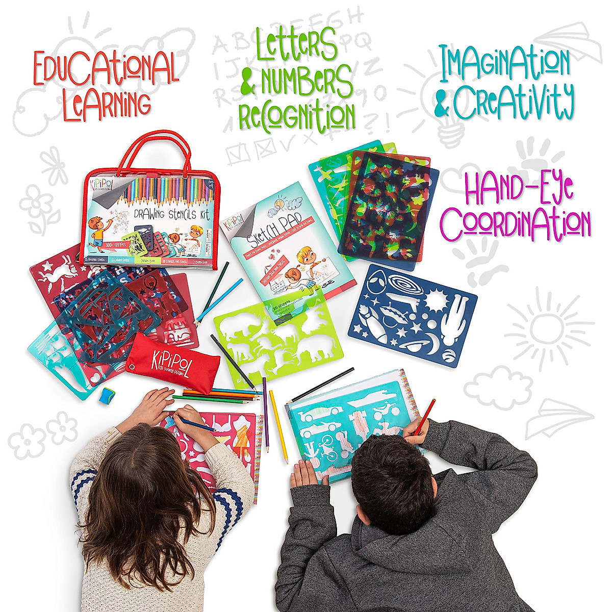 Kipipol 63 Pcs Drawing Stencils for Kids Ages 4-8 - 8-12 and Up - Arts and Crafts for Girls and Boys - Kids Drawing kit - Art Set- 15 Art Stencils, 260+ Designs -Scratch Art- Creativity Gifts & Toys