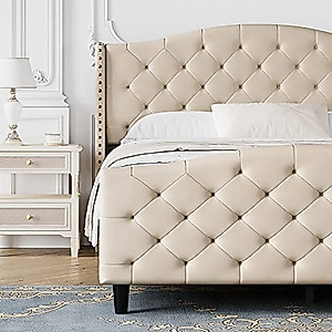 IDEALHOUSE Modern Upholstered Queen Bed Frame,Button Tufted Headboard and Footboard Design Solid Wooden Slat Support Easy Assembly,Beige (Queen)
