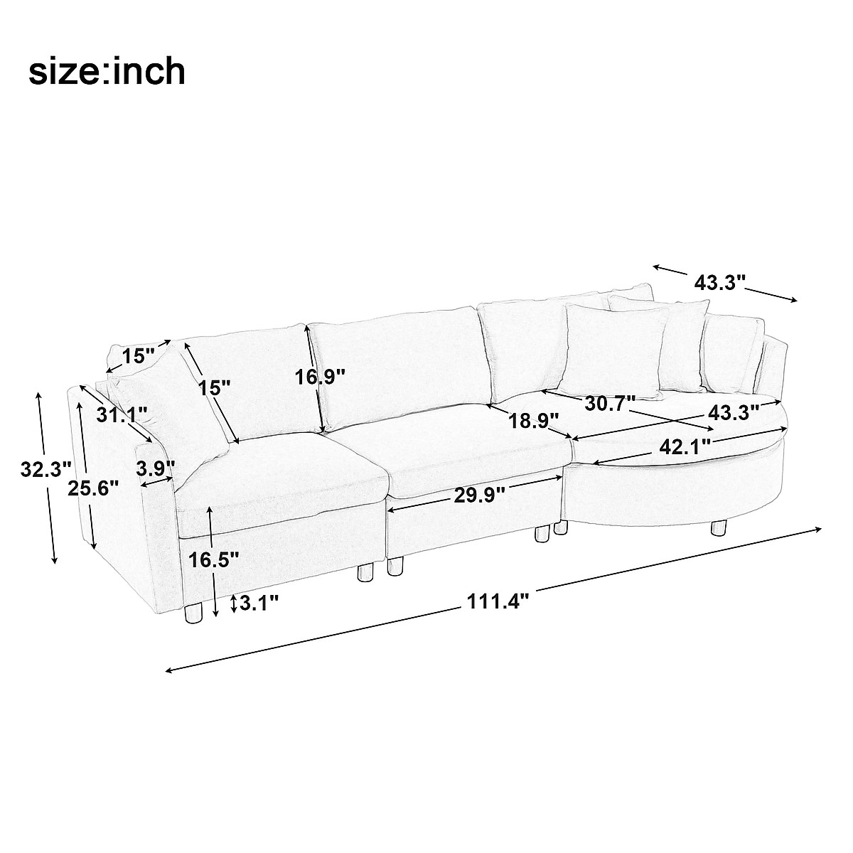 JURMALYN 111.4" Modern Sectional Sofa Couch for Living Room L-Shape Sofa Couch with Curved Seat, Upholstered 3-Seat Sofa Couch Fabric Couch Set for Apartment Office Grey