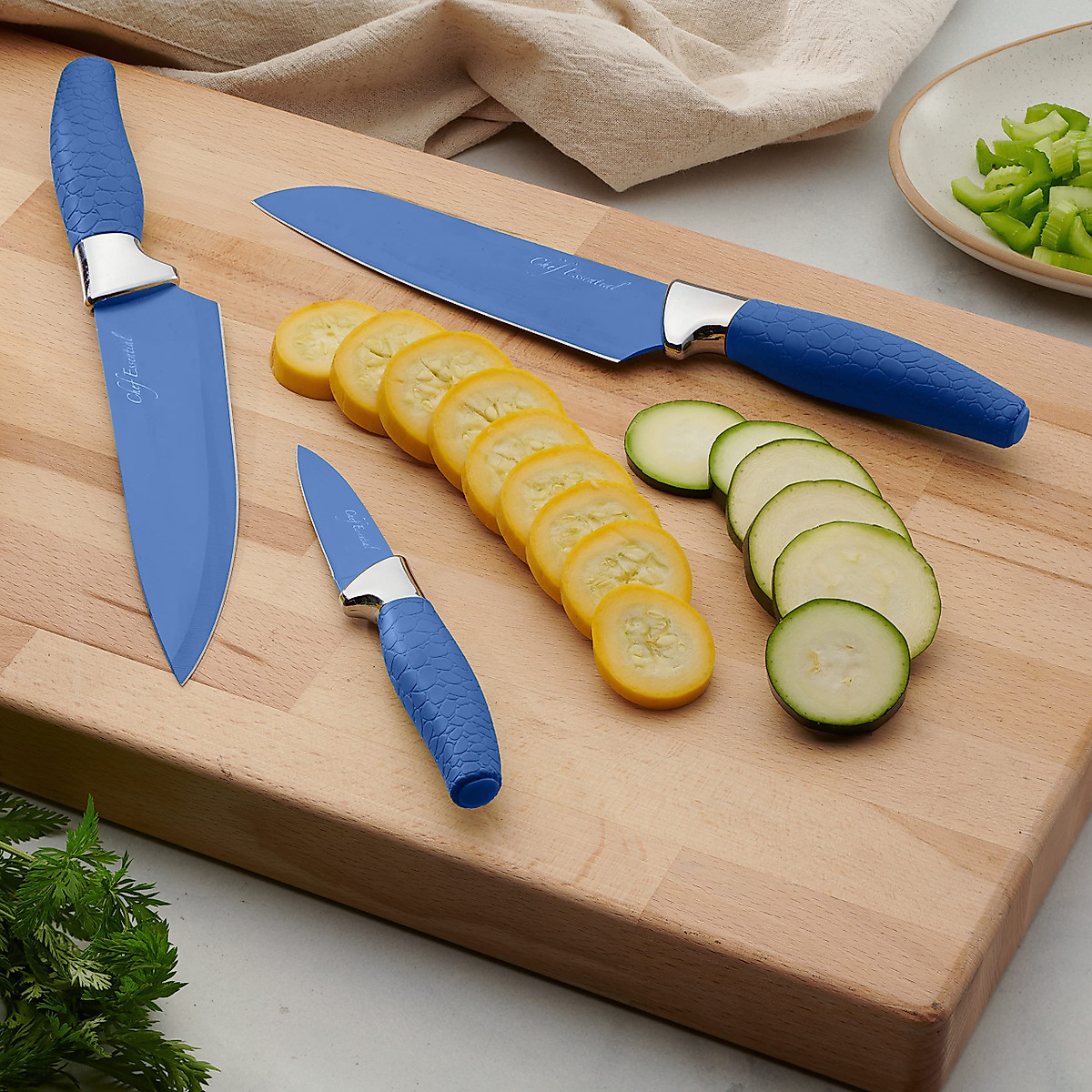 Carbon Knife Set with Block – 6-Piece Never-Dull Kitchen Knife Set – Meat, Veggie, Bread Knife Set – Nonstick Chef Knife Cooking Knives for Kitchen – Precise-Slice Carbon Steel by Chef Essential