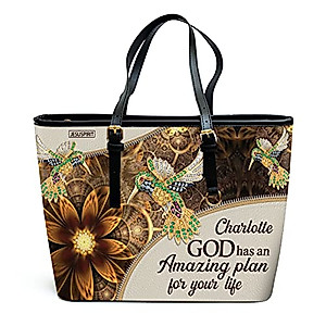 Jesuspirit - Large Shoulder Bag With Changing Name - God Has An Amazing Plan For Your Life - Personalized Faux Leather Tote Bag With Strap - Worship Gift For Sister, Aunt, Daughter - Hummingbird & Flower