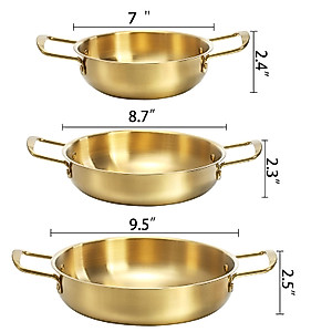 Okllen Set of 3 Korean Ramen Noodle Pot with Handles, Stainless Steel Everyday Pan, Golden Korean Cooking Pot for Soup, Noodle, Pasta, Home and Outdoor, Dishwasher Safe, Size 7", 8.7", 9.5"