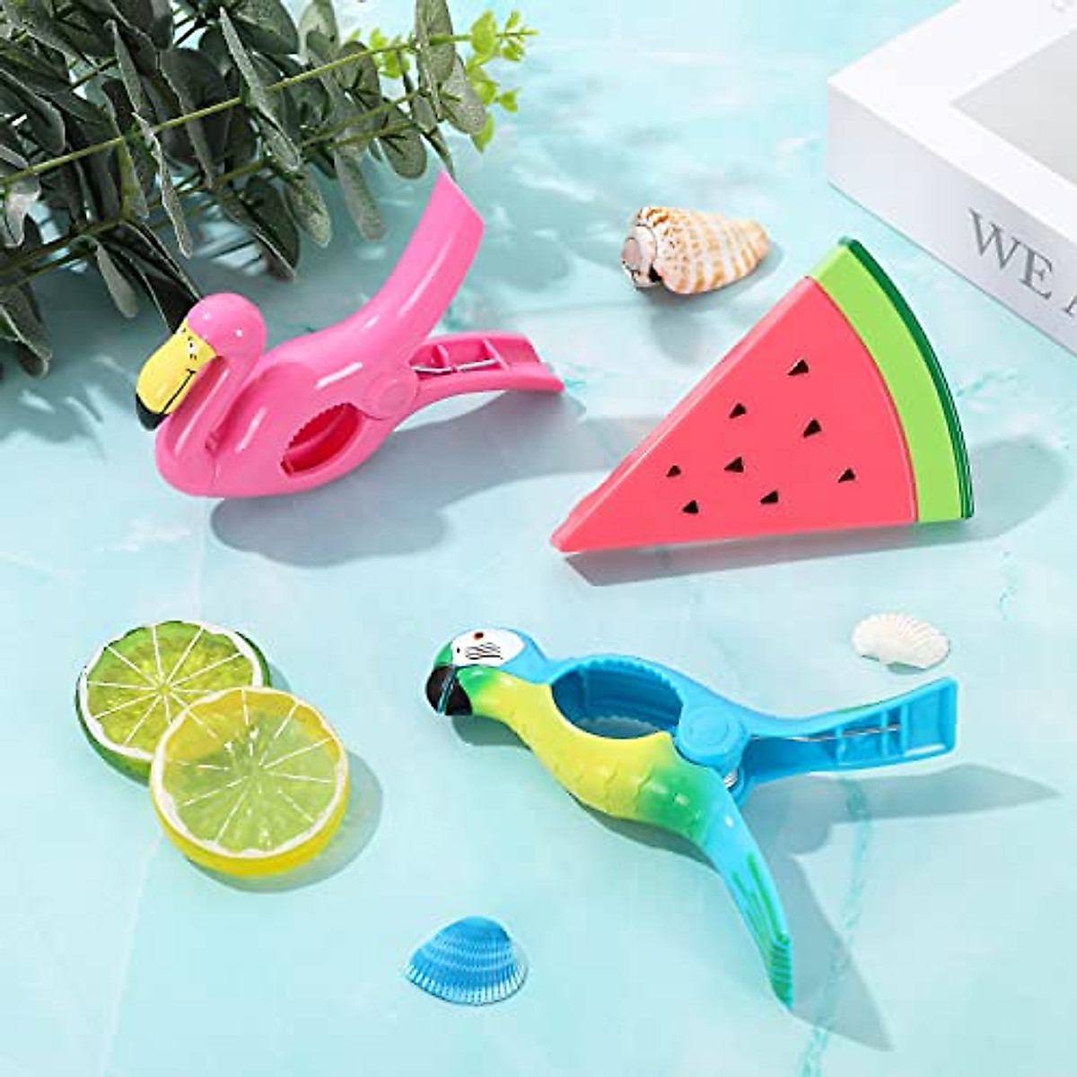 Whaline 6Pcs Beach Towel Clips Flamingo Parrot Watermelon Shaped Clothes Pins Cute Portable Towel Holders Plastic Towel Pin for Sun Lounger Patio Pool Beach Chairs Blanket Sun Beds, 3 Designs