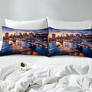 New York City Bedding Set Cityscape Duvet Cover King Size,Manhattan Skyline Comforter Cover Bridge Sunset Scenery Quilt Cover City Lights Bedroom Decor for Boys Girls Youth