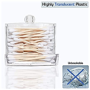 Qihomy Square Cotton Swab Storage Container - Transparent Apothecary Jars With Lids Unbreakable Cotton Ball Qtip Holder With 2 Types Take Out Ways Bathroom Canisters Jars