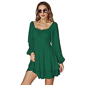LYANER Women’s Lantern Long Sleeve Wrap Tie Back Square Neck Double Layer Ruffle Hem A Line Short Mini Dress Green Medium