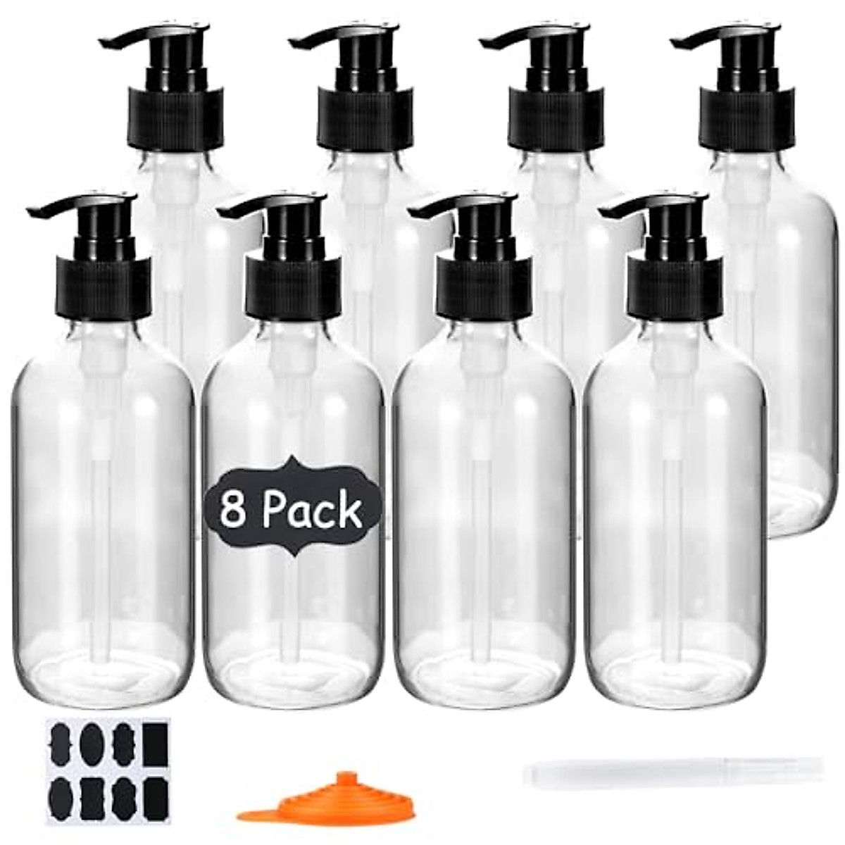 8oz 8 Pack Glass Pump Bottles, RUCKAE Clear Pump Bottle for Soap Dispenser, Empty Pump Bottle for Shampoo, Body Wash, Hand Soap, Lotion and More