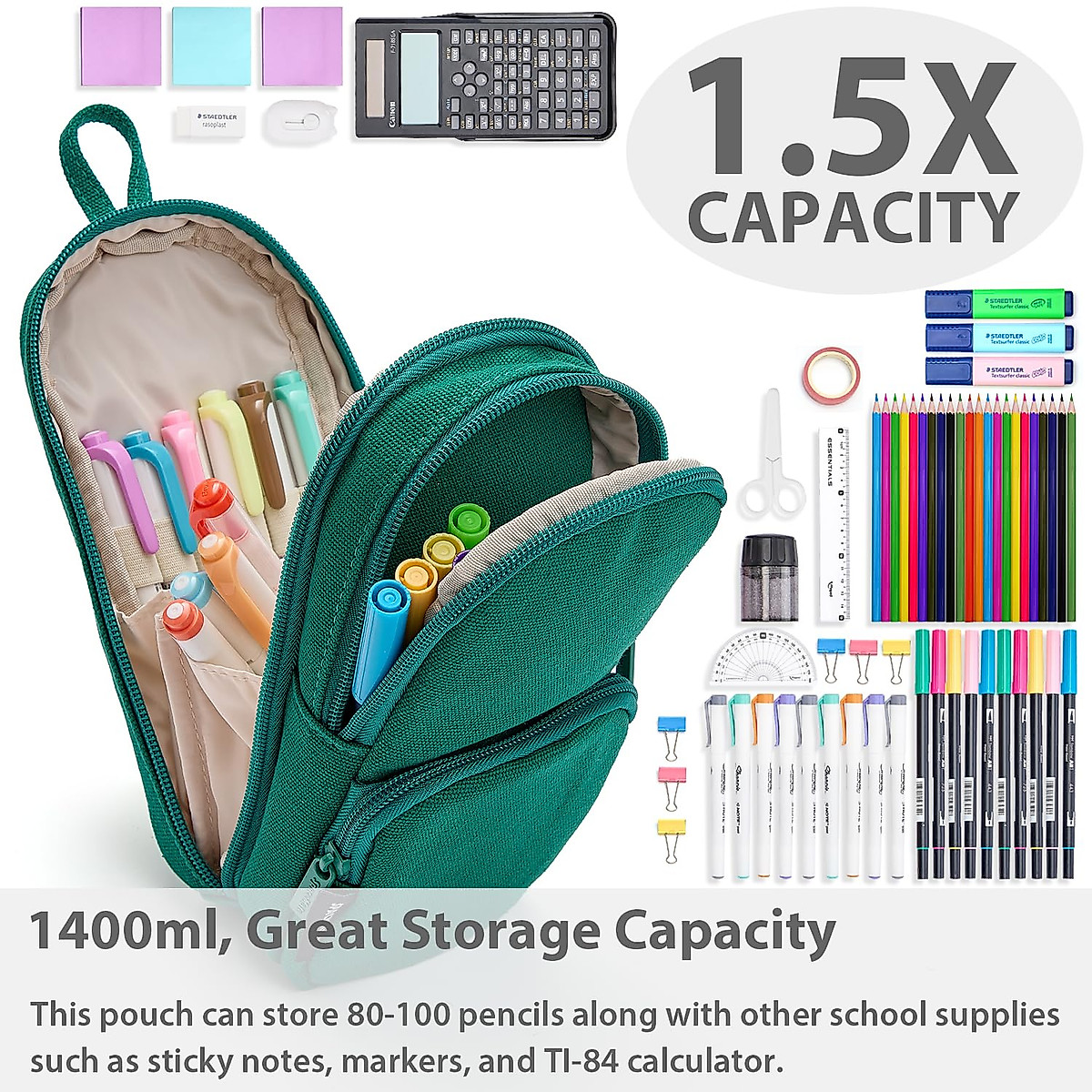 SPACEMATE Cute Pencil Case Pouch Bag School Supplies for Girls and Boys, Heavy Duty Canvas Aesthetic Pen Case, Large Big Capacity Zipper Stationery Bag, Green, 1400ml