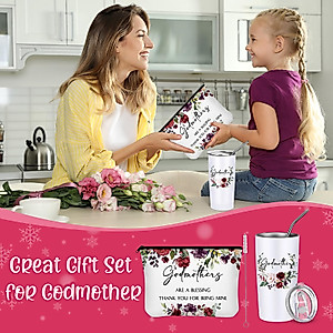 Sieral 3 Pcs Godmother Proposal Gifts Set Including 20 oz Godmother Tumbler and Godmother Makeup Bag Keychain for Mother's Day Holiday Appreciation Gifts(Wine Red Flowers)
