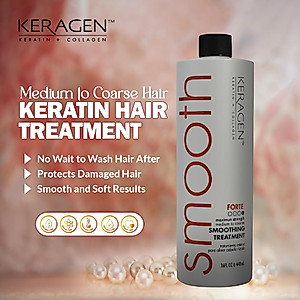 KERAGEN - Brazilian Smoothing Keratin Hair Treatment, Blowout Straightening System for Dry and Damaged Hair - Forte, Sulfate Free - Eliminates Curls and Frizz, Medium to Coarse Hair (16 Oz)