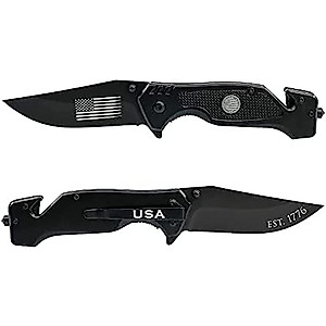 Black Tactical Folding Knife-3.5 Inch Stainless Steel Blade with American Flag | USA Rescue & Hunting Knife - Disabled USMC Vet Owned SMALL Business