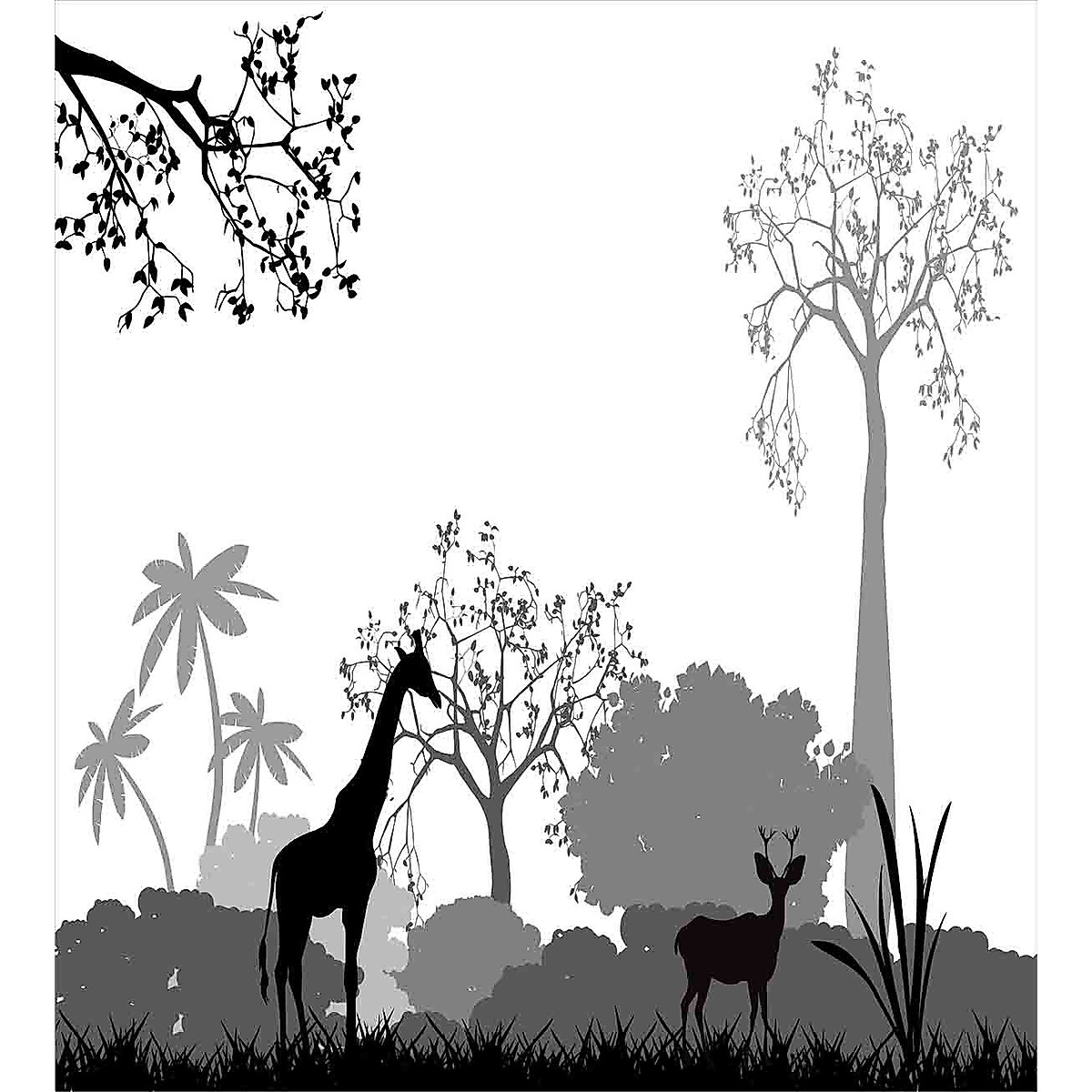 Ambesonne Savannah Duvet Cover Set, Grayscale Silhouette of Savannah Giraffe Deer and Trees Wild Region Theme Africa, Decorative 3 Piece Bedding Set with 2 Pillow Shams, Queen Size, White Grey