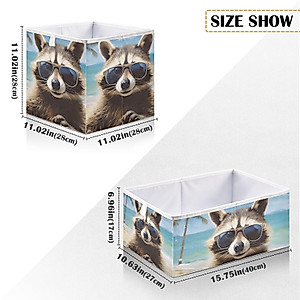 YMGQYJ Collapsible Storage Cube Beach Raccoon Print, Organizing Baskets with Reinforced Board for Shelf Closet Cabinet 11×11×11 in