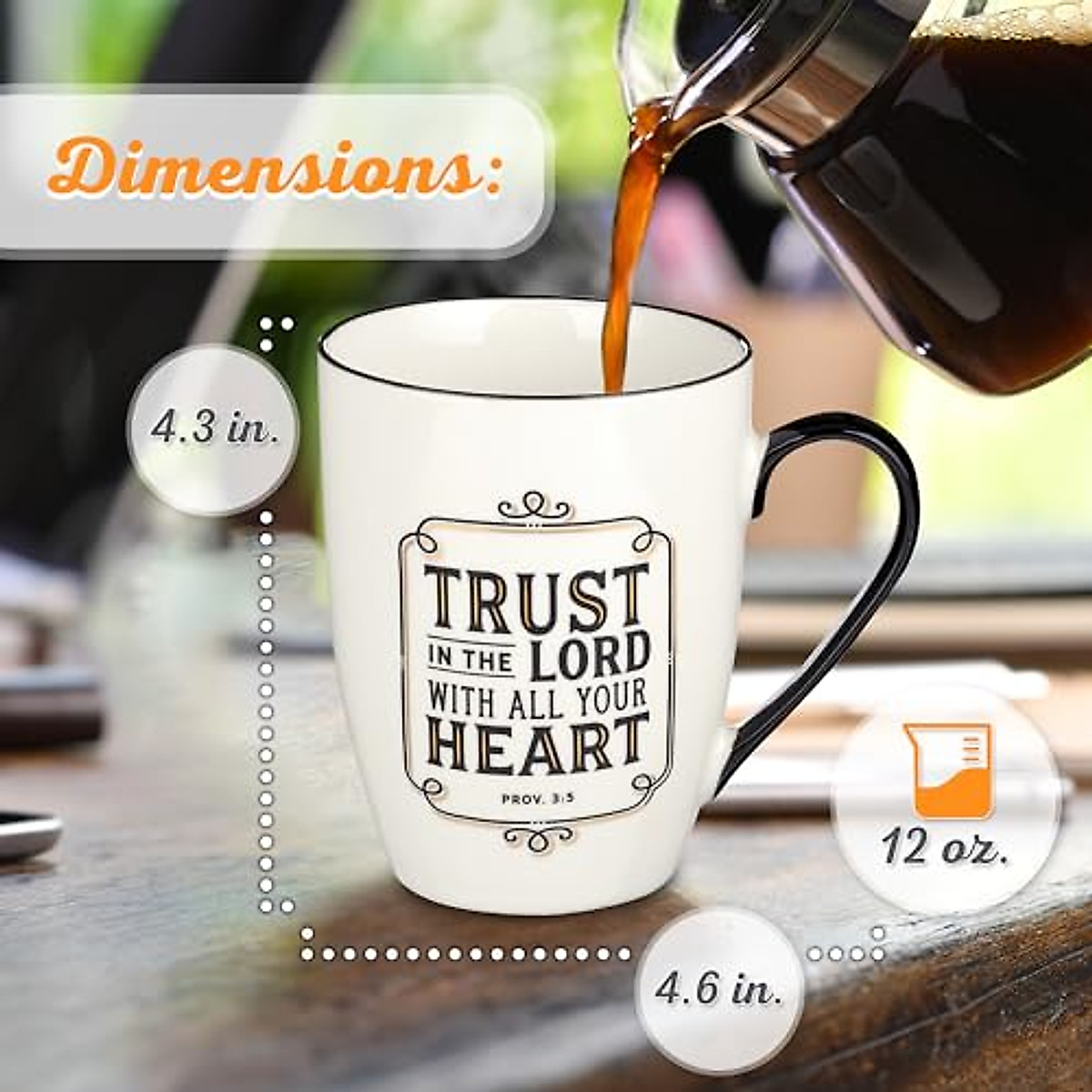 Christian Art Gifts Ceramic Coffee Mug for Women and Men 12 oz Black and White Inspirational Coffee Cup - Trust in the Lord - Proverbs 3:5 Non-Toxic, Lead and Cadmium-free Novelty Drinkware
