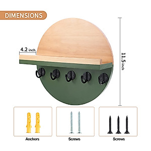 CRAKTH Key and Mail Holder for Wall Decorative, Wooden Boho Key Hanger with Shelf, Unique Two-Tone Circular Design Entryway Key Rack - Brown & Green