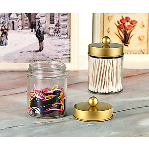 Amolliar Apothecary Jars Bathroom Storage Organizer -Countertop Storage Organizer Canister Jar - Cute Qtip Dispenser Holder Glass with Lid- for Cotton Swabs,Bath Salts,Hair Band / 2-Pack(Gold)