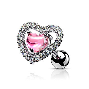 Amelia Fashion 16 Gauge Heart Shaped Micro CZ and Pink Center CZ Cartilage Barbell Stud 316L Surgical Steel (Pink/Clear)