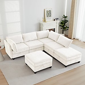 Corner Modular Sectional Sofa Set, Convertible L Shaped Couch with Storage, 6 Seater Sofa Modular with Ottomans and Reversible Chaise for Living Room, Office (Beige)