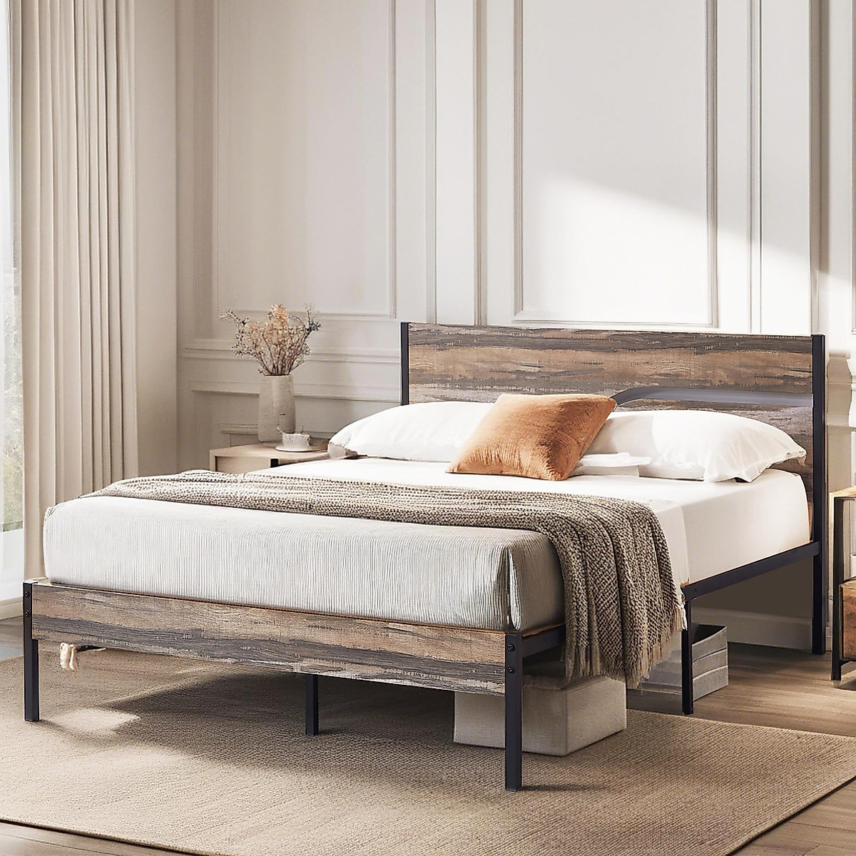 VECELO Platform Bed Frame Full Size with Wood Headboard, Solid and Strong Metal Support, No Box Spring Needed