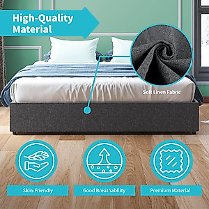 CECER Bed Frame with 4 Storage Drawers, Cotton Linen King Size Platform Bed Frame with Wood Slat Support/No Box Spring Needed/Easy Assembly/Under Bed Storage, King Size, Dark Grey