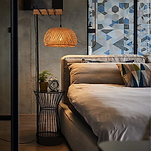 Industrial Tall Floor Lamp for Living Room Bamboo Lampshade, Black Lights Fixtures with Cord On/Off Switch E26 Base Industrial Modern Wire Wood Decoration Standing Lamp for Bedroom (No Bulb)