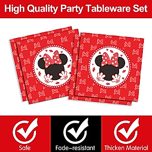 Piooluialy Red Minnie Birthday Party Supplies Tableware - Minnie Themed Party Decorations Include Banner, Dinner Plates, Cups, Napkins, Cutlery, for Minnie Birthday Party Decorations | 24 Guests
