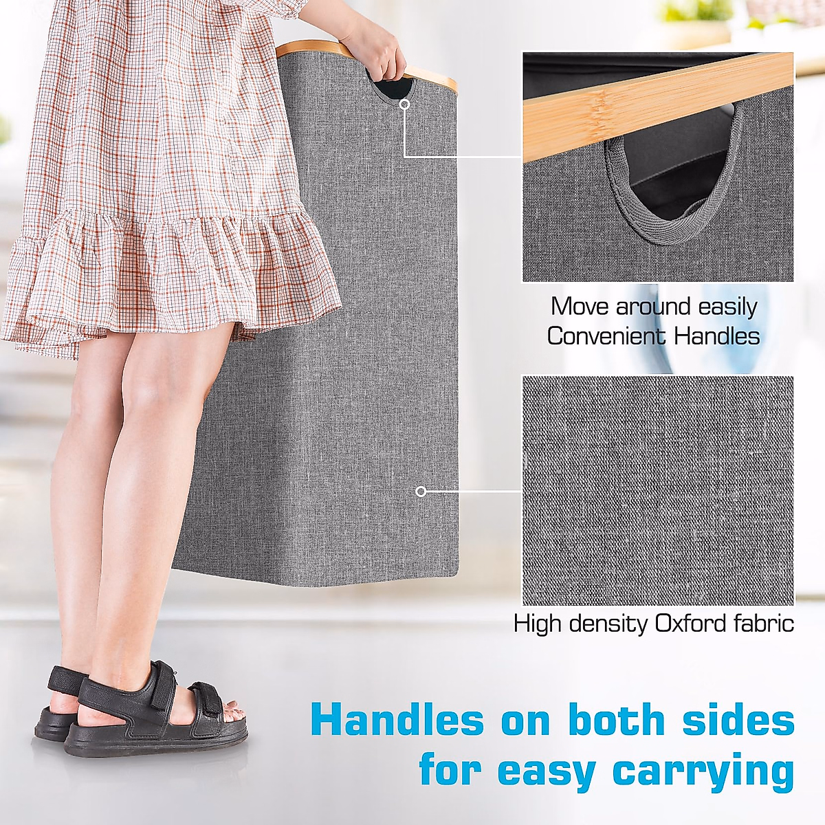 200L Laundry Hamper, HYSEYY 2-Pack Extra Large Laundry Baskets with Lid, Removable Inner Bags, Collapsible Rectangular Clothes Hamper, Laundry Organizer with Bamboo Handles for Laundry, Grey