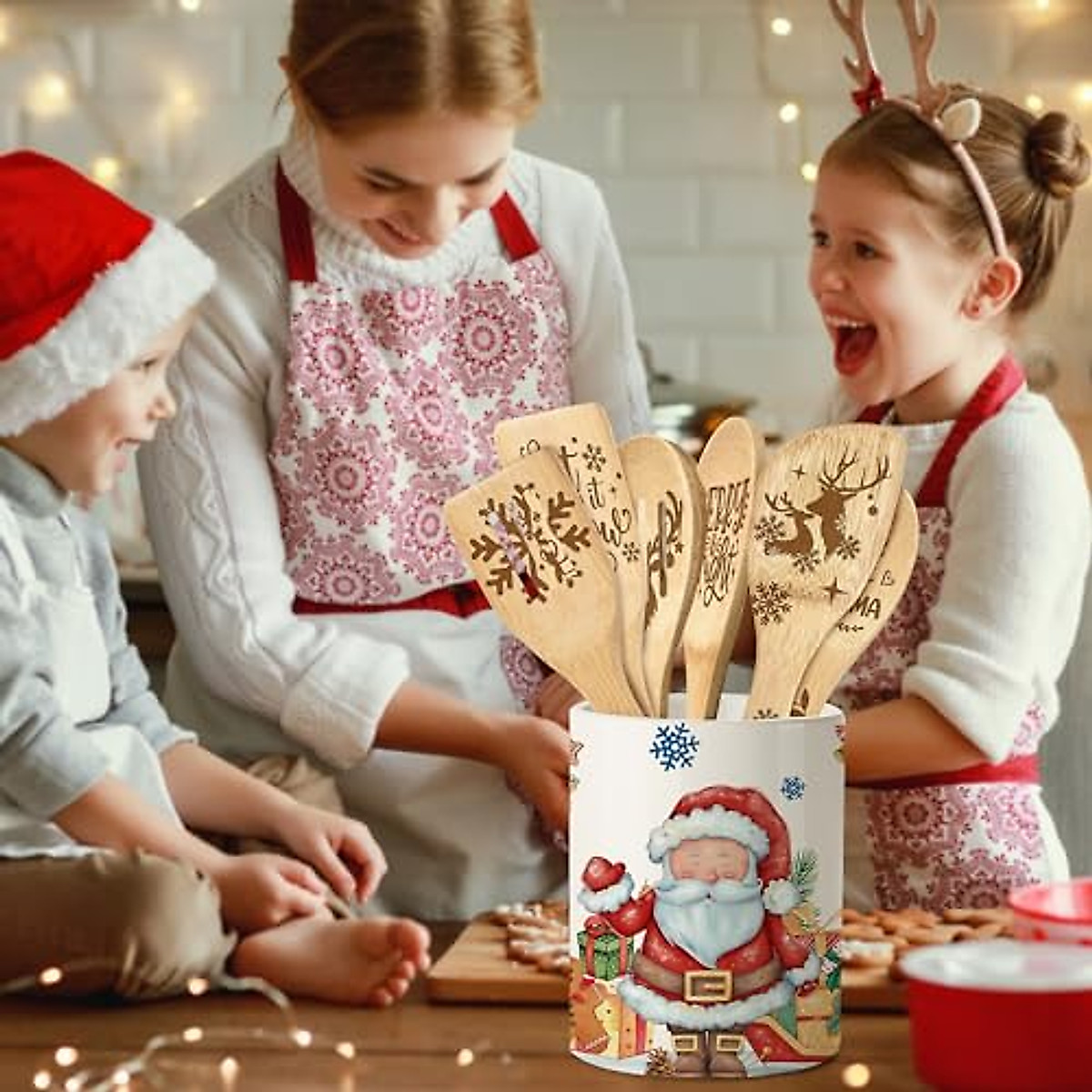 Christmas Utensil Holder Ceramic with 6 PCS Cooking Utensil, Christmas Women Gifts Santa Claus Cooking Utensil Crock Holder for Kitchen Counter Decorations Countertop Spatula Utensil Storage Organizer