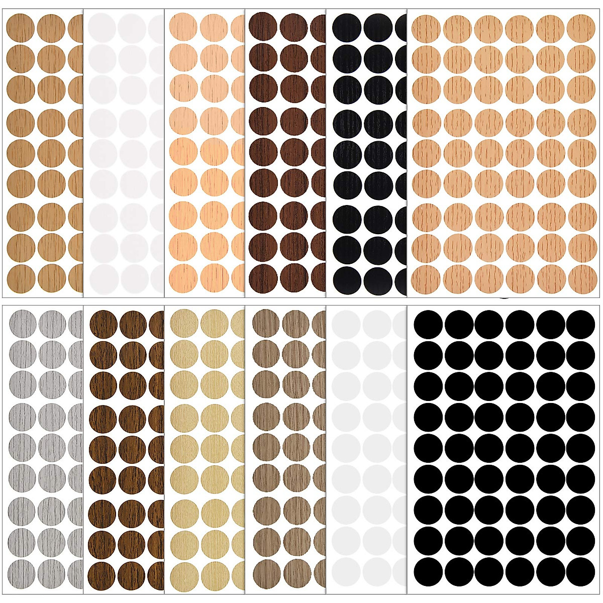 Tenare 648 Pieces Adhesive Screw Hole Cover Stickers Wood Grain Furniture Stickers 12 Colors Waterproof Screw PVC Cover Caps for Wall Cabinets Desk Repairing(Chic Style)