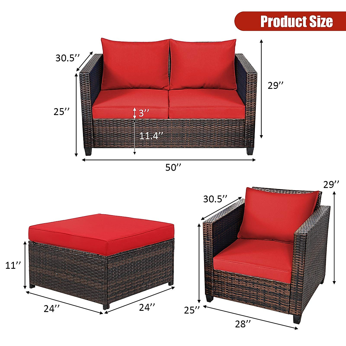 Tangkula 5 Pieces Patio Furniture Set, Outdoor Rattan Sofa Set w/Removable Cushions, Wicker Loveseat w/Single Sofa and Ottoman, Sectional Sofa Conversation Set for Backyard, Garden, Poolside (Red)