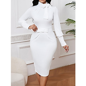 Elegant Church Dresses for Women Bodycon Long Sleeve Lace Cuffs High Neck Midi Pencil Dress Outfits Business Casual Clubwears for Work with Tie Bow(White,L)