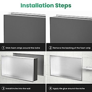 EXF Stainless Steel Shower Niche 12" X 24" Brushed, No Tile Needed Recessed Waterproof Shower Shelf for Bathroom Kitchen Storage