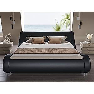 SHA CERLIN King Size Upholstered Bed Frame, Deluxe Low Profile Sleigh Bed with Faux Leather Ergonomics Headboard, No Box Spring Needed & Easy Assembly, Black