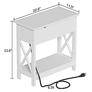 ChooChoo End Table with Charging Station, Narrow Flip Top Side USB Ports & Power Outlets for Small Spaces, Bedside Storage, Nightstand Sofa Living Room, Bedroom White