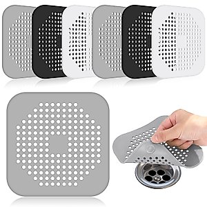 6 Pcs Shower Drain Hair Catcher Silicone TPR Square Drain Cover Hair Trap for Shower Drain Bathtub Bathroom Kitchen with Suction Cups, Grey Black White
