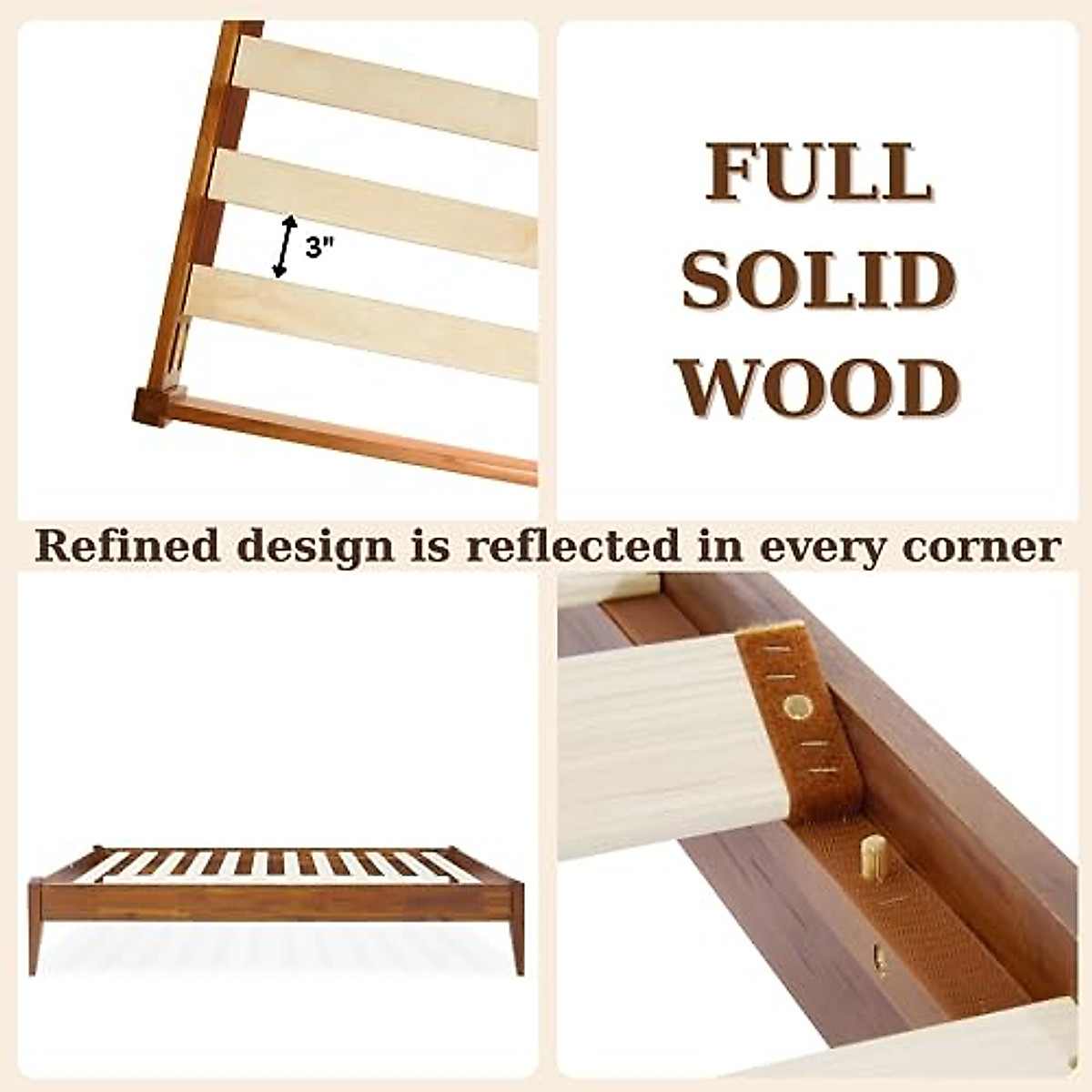 Bme Dinkee 15 Inch Signature Bed Frame Without Headboard - Modern & Minimalist Style with Acacia Wood - 12 Strong Wood Slat Support - Easy Assembly - No Box Spring Needed - Caramel, Twin