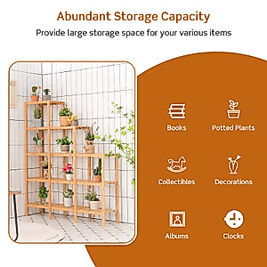 Giantex 5 Tier Bamboo Shelf, Cube Storage Organizer w/ 9 Cubes, Bamboo Bathroom Shelf, Multipurpose Storage Organizer Display Plant Stand for Home Office Living Room Balcony
