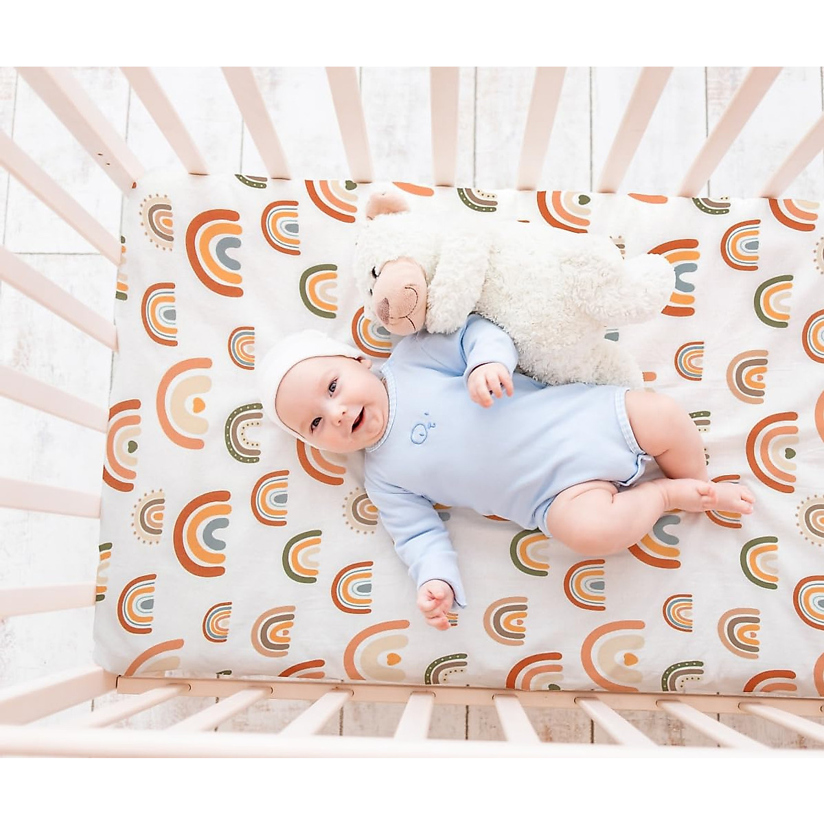 4 Pack N Play Sheets Mini Crib Sheets Boho Nursery Sheets Sunshine and Rainbow Desdign Neutral Unisex Fitted Baby N Play Sheets Mini Crib Sheets for Baby Boys or Girls (N Play Sheets)