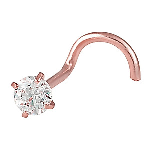 14K Solid Rose Gold, Twisted Bar Nose Stud, Diamond Nose Stud, Micro Nose, Screw Nose Stud, Body Jewelry Rose Gold (1.50 ml Cubic Zircon)