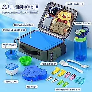 TIME4DEALS Kid Bento Lunch Box Set, Insulated Lunch Bag with 6 Compartment Bento Box Ice Pack Water Bottle Muffin Cup Spoon Snack Container Kids School Lunch Supplies Ideal for 7-16 (Black Police Car)